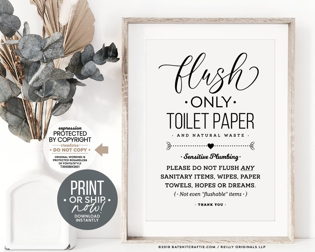 Cute Flush Only Toilet Paper & Natural Waste Bathroom Sign Print or ...