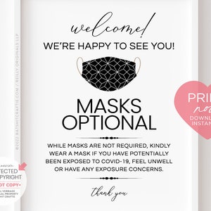 Masks Optional PRINTABLE SIGN Instantly Print Display | Etsy