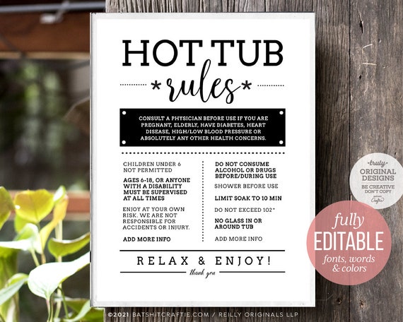 Editable Template Hot Tub Rules Printable Sign for Airbnb - Etsy Canada