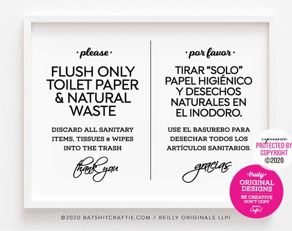 Flush Only Toilet Paper Printable Sign Bilingual Flush Only | Etsy