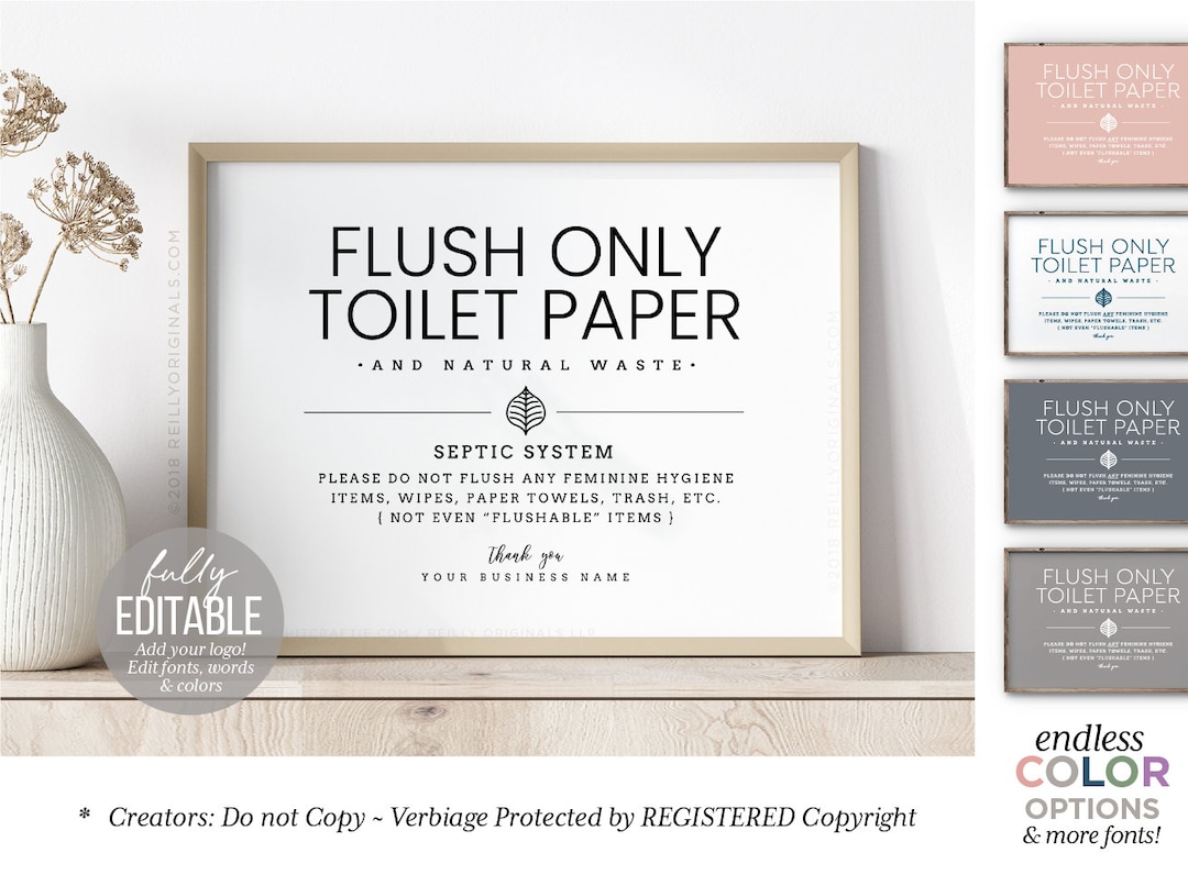 Editable Flush Only Toilet Paper & Natural Waste Sign Template, 4x6 ...