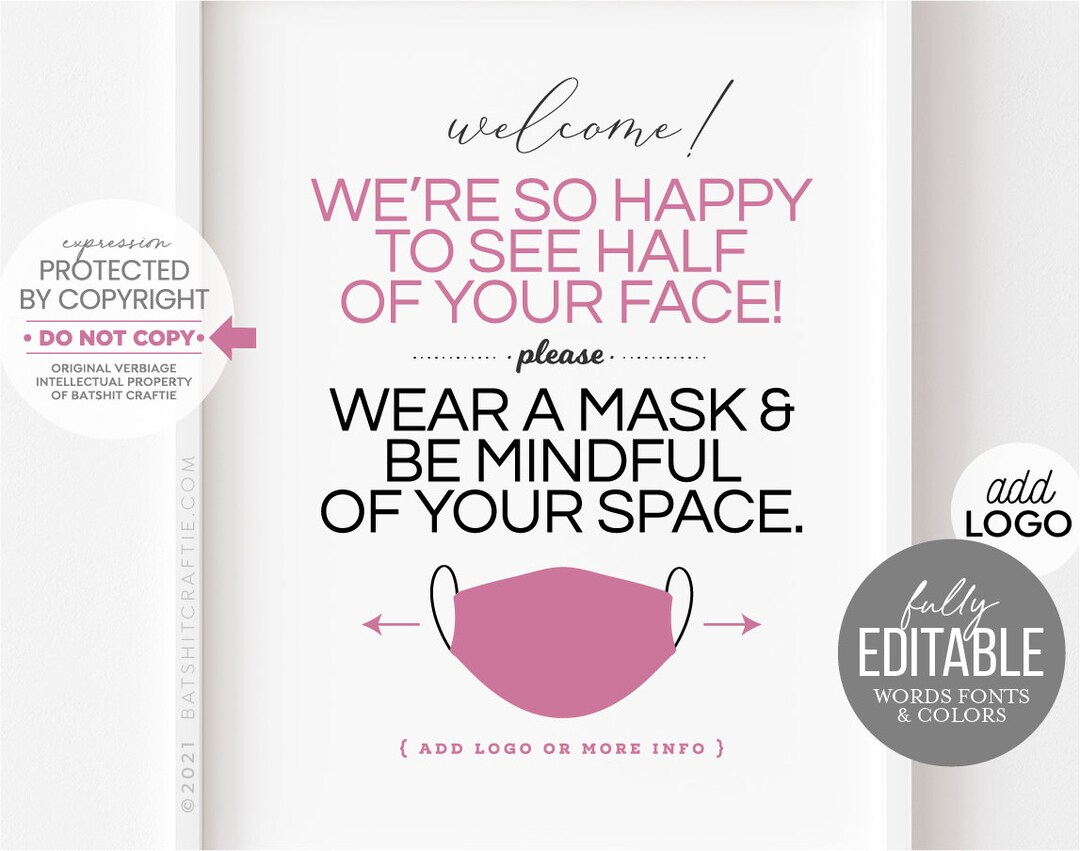 Funny Mask Required Printable Sign, Fully Editable Template protected ...