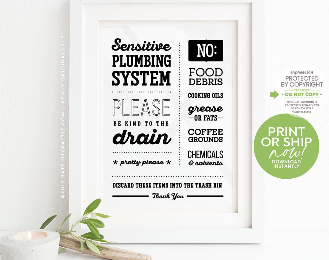 Sensitive Plumbing Sign ~ Be Kind to the Drain ~ Ready to Ship or Print ...