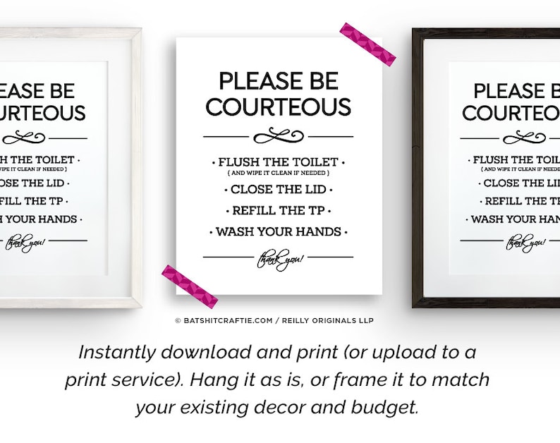 PRINTABLE Please Be Courteous Flush Close Lid Wash Hands cute | Etsy