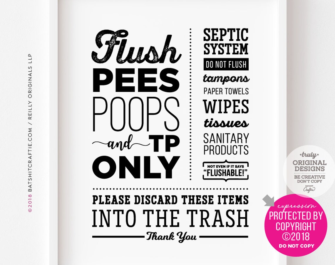 Cute Printable Septic System Bathroom Sign Flush Pees Poops - Etsy