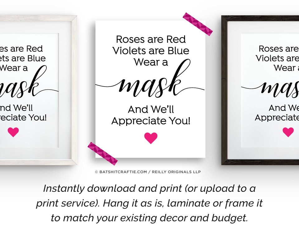 Cute Wear Face Mask PRINTABLE SIGN Rose Red Violets Blue - Etsy