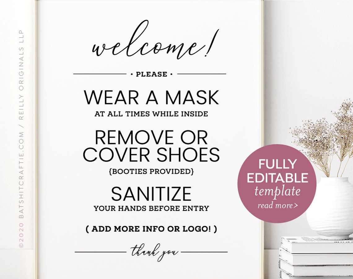 Fully Editable PRINTABLE SIGN ~ Wear Mask Remove or Cover Shoes ...