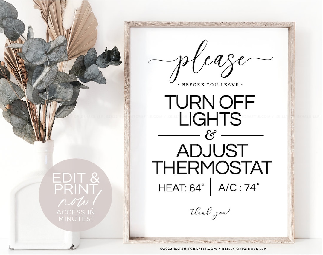 Turn off Lights & Adjust Heat A/C Thermostat, Fully Editable Printable ...