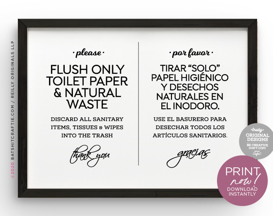 Flush Only Toilet Paper Printable Sign, Bilingual ~ Flush Only Toilet ...