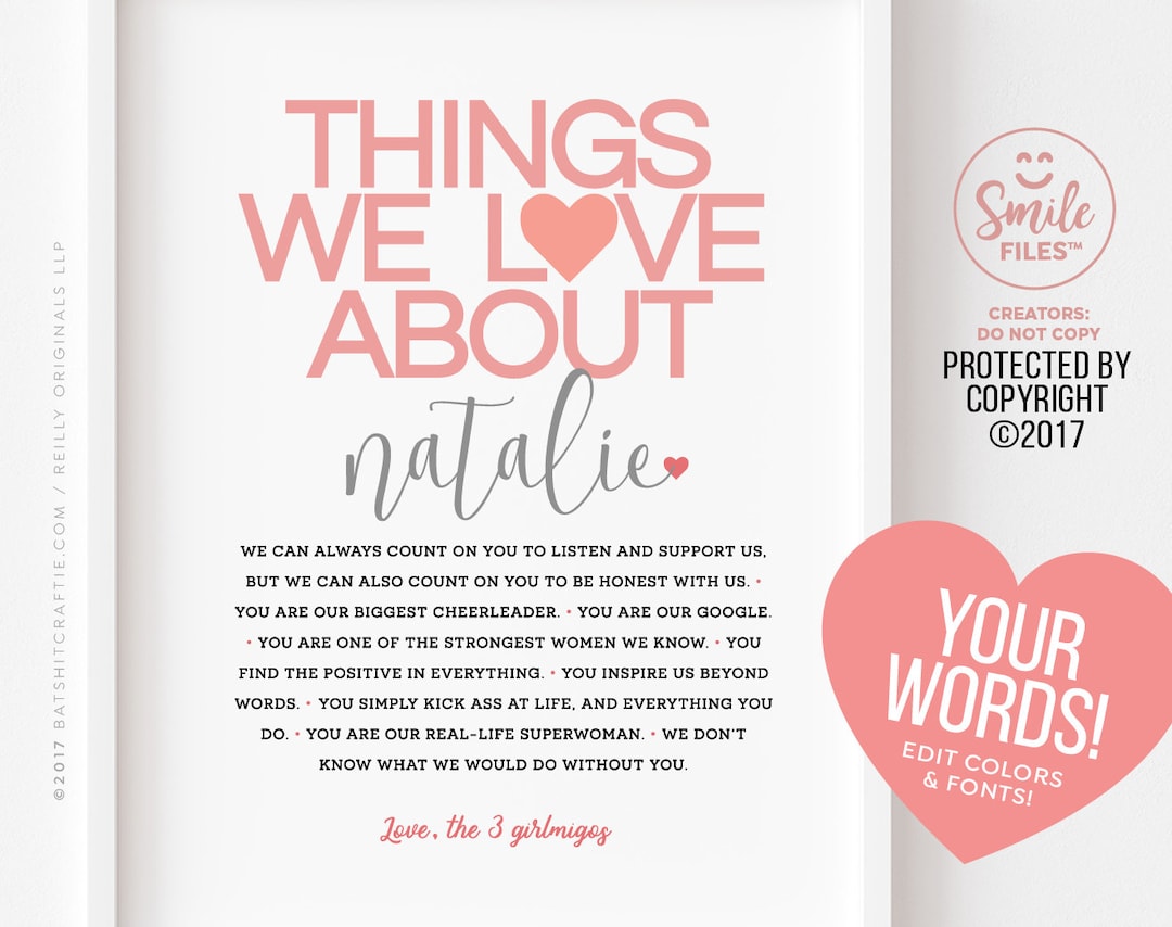 Things We Love About You Personalized Printable ~ Self-editable 11x14 ...