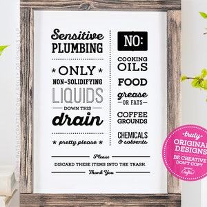Sensitive Plumbing PRINTABLE Kitchen Sign Sink No Food Grease Coffee ...