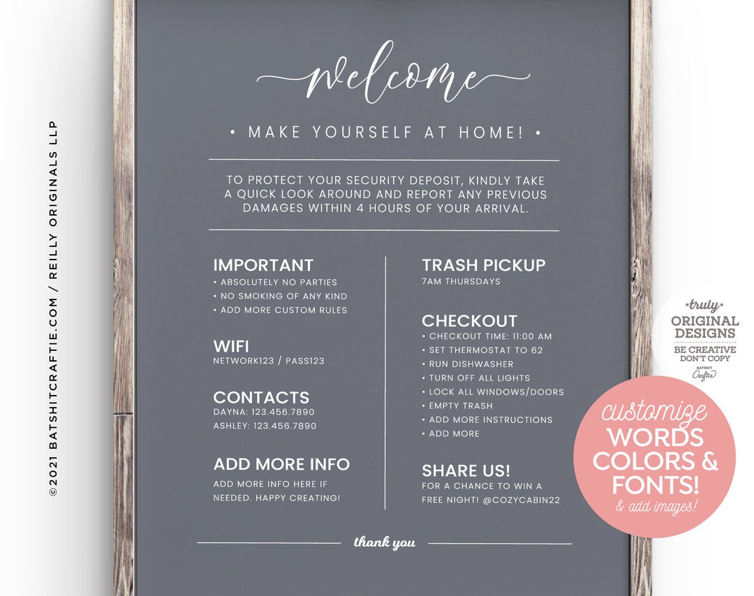 Fully Editable 8x10 Printable Template Welcome Sign Rules for Airbnb ...