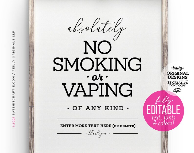No Smoking or Vaping Editable Template ~ Customize Text With Additional ...