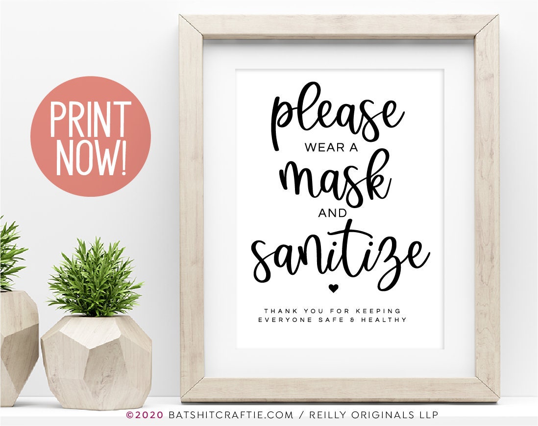 Cute Mask Sanitize PRINTABLE sign Casual script poster for | Etsy