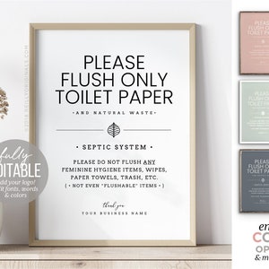 Editable Flush Only Toilet Paper & Natural Waste Sign Template, 4x6 5x7 ...