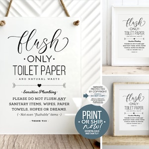 Cute Flush Only Toilet Paper & Natural Waste Bathroom Sign ~ Print or ...