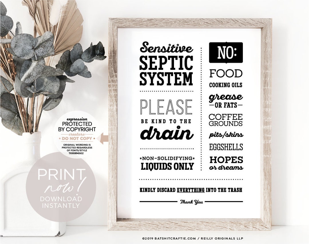 Septic System Kitchen Drain Rules Printable Sign ~ Modern, Elegant ...
