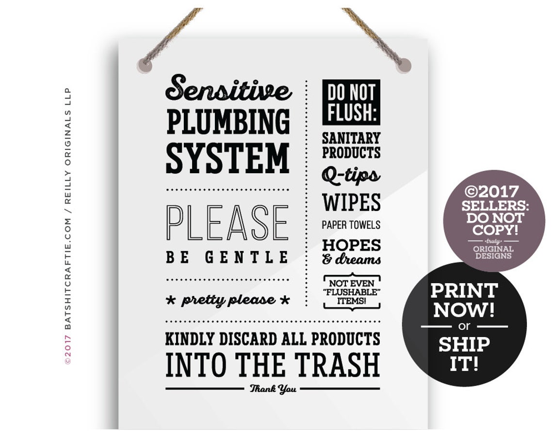 Sensitive Plumbing Bathroom Sign Ready to Ship or Print | Etsy
