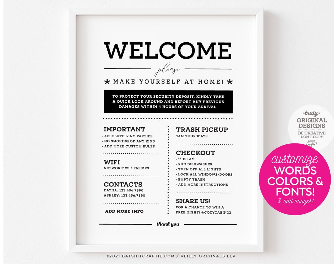 Fully Editable 8x10" Printable Template ~ Welcome Sign + Rules ~ for ...
