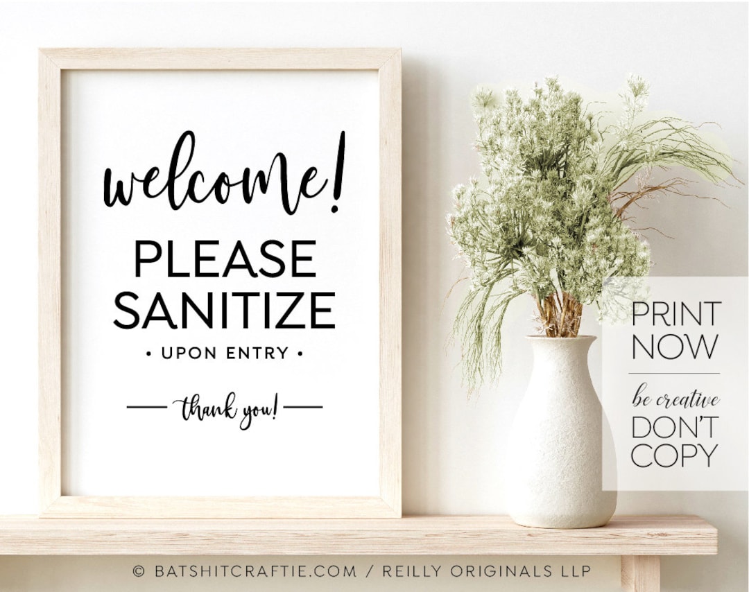 Welcome Please Sanitize Upon Entry PRINTABLE Sign ~ Cute Script Poster ...