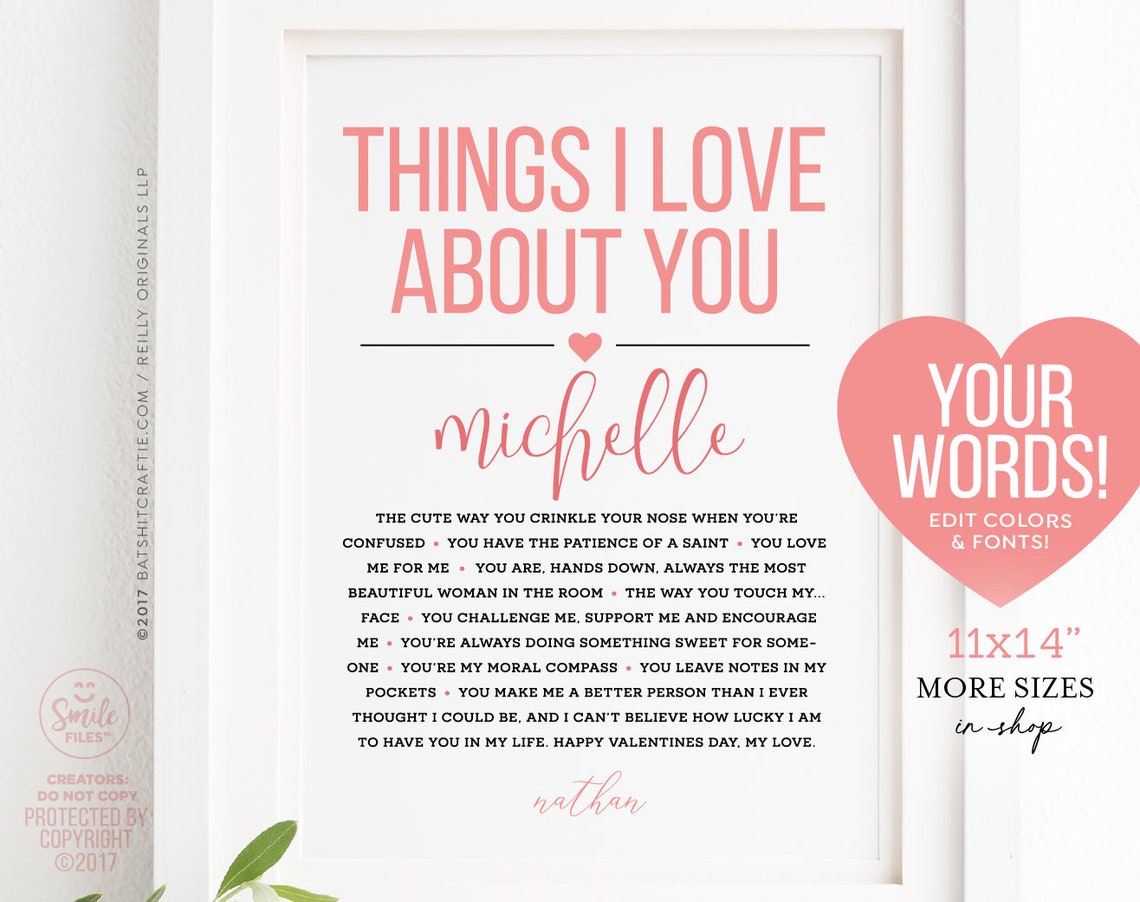 Things I Love About You Personalized Printable ~ Self-editable 11x14 ...