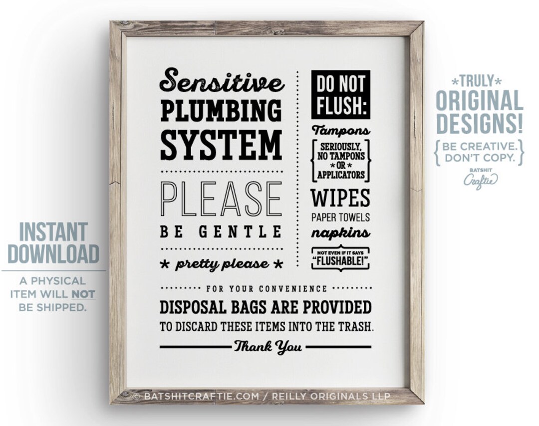 Sensitive Plumbing PRINTABLE Bathroom Sign Septic System Flush Only Pee ...