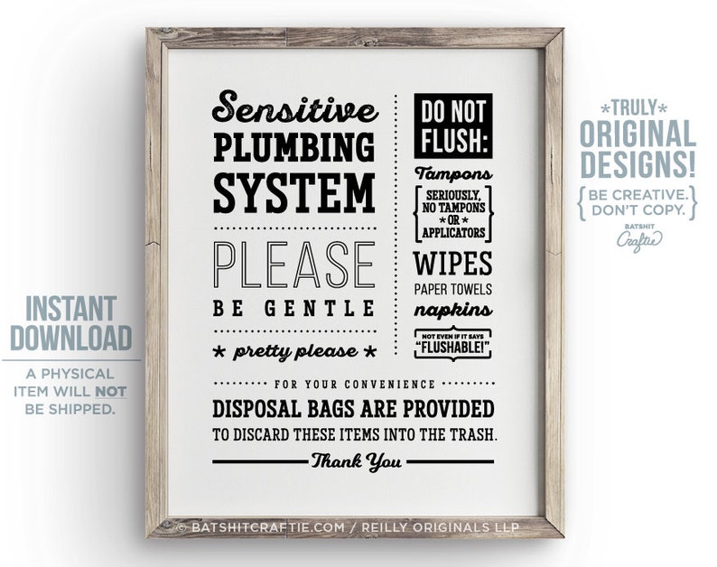 Sensitive Plumbing PRINTABLE Bathroom Sign Septic System Flush | Etsy