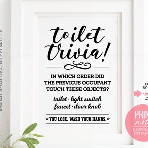 Printable Funny Bathroom Sign Toilet Trivia Game, Wash Your Hands, You ...