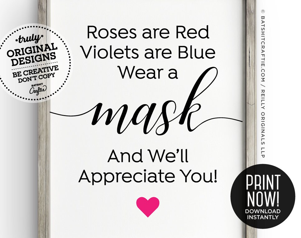 Cute Wear Face Mask PRINTABLE SIGN Rose Red Violets Blue | Etsy