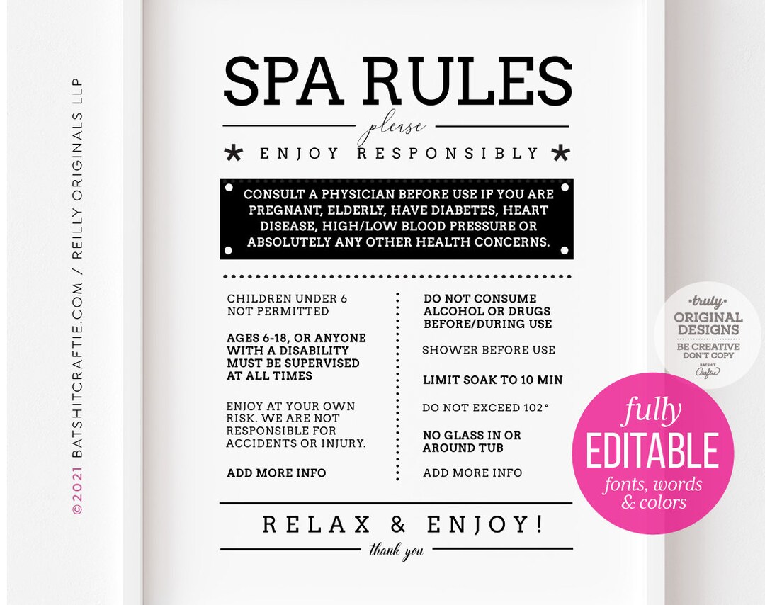 Editable Template ~ Spa Rules ~ Printable Sign for Airbnb, Rental ...