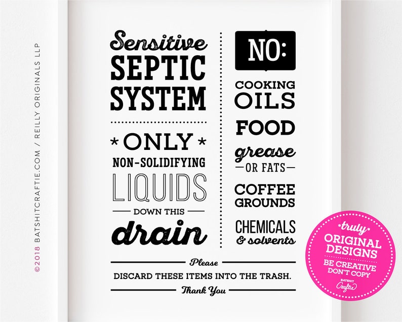 Septic System PRINTABLE Kitchen Sign Sink No Food Grease Coffee Grounds ...