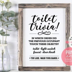 Printable Funny Bathroom Sign Toilet Trivia Game, Wash Your Hands, You ...