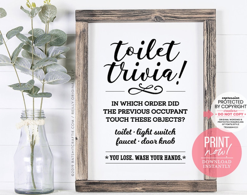 Printable Funny Bathroom Sign Toilet Trivia Game Wash Your | Etsy