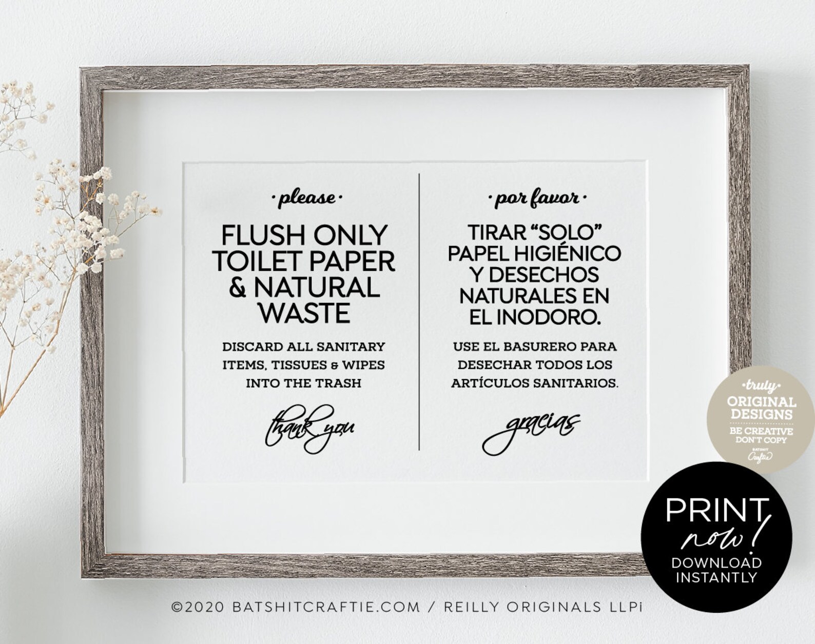 Flush Only Toilet Paper Printable Sign, Bilingual ~ Flush Only Toilet ...