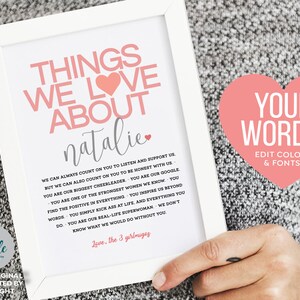 Things We Love About You Personalized Printable ~ Self-editable 8x10 ...