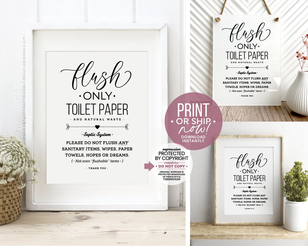 Cute Flush Only Toilet Paper & Natural Waste Bathroom Sign ~ Print OR ...