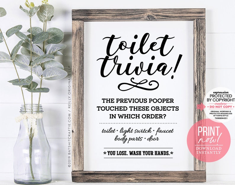 Printable Funny Bathroom Sign Toilet Trivia Game Wash Your - Etsy
