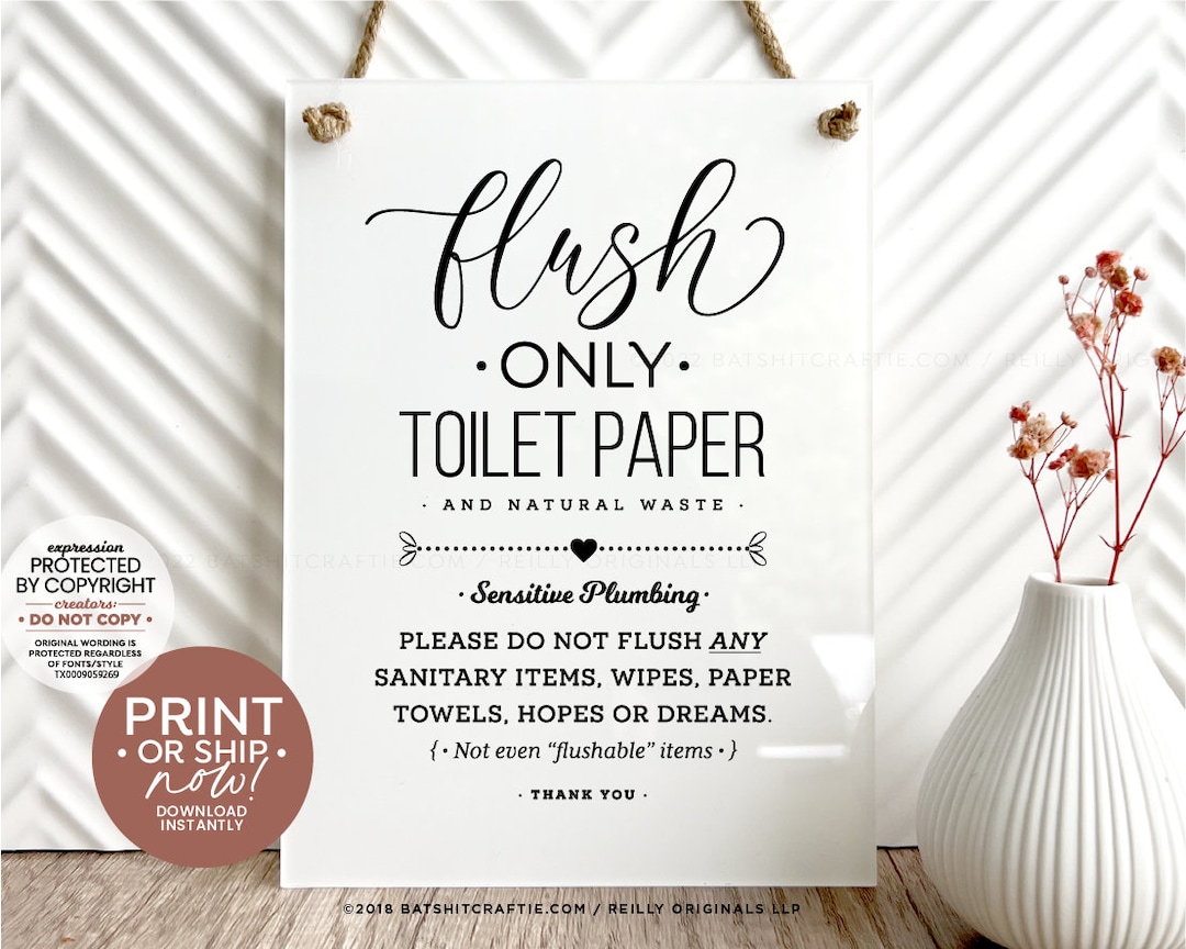 Cute Flush Only Toilet Paper & Natural Waste Bathroom Sign ~ Print or ...