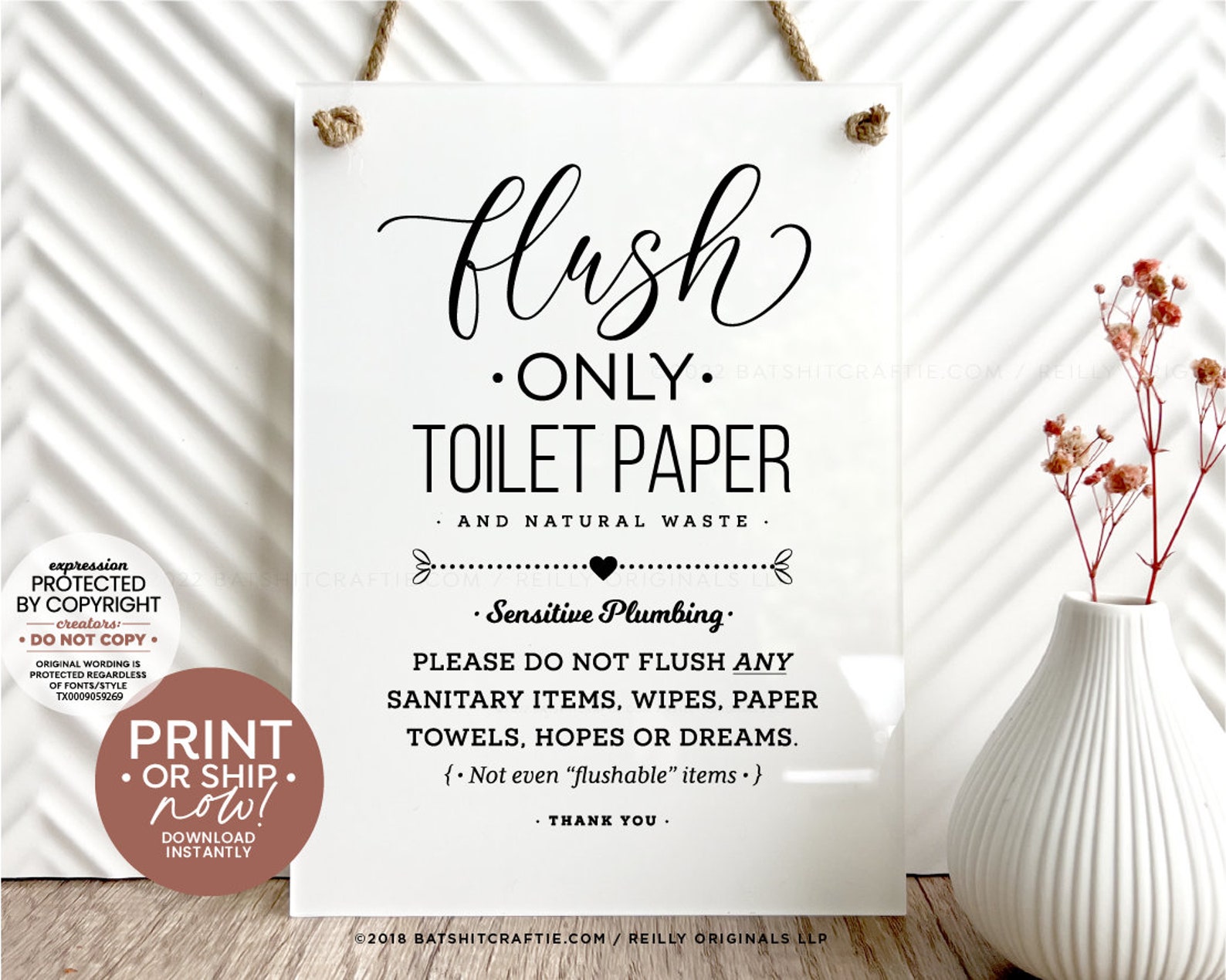 Cute Flush Only Toilet Paper & Natural Waste Bathroom Sign ~ Print or ...