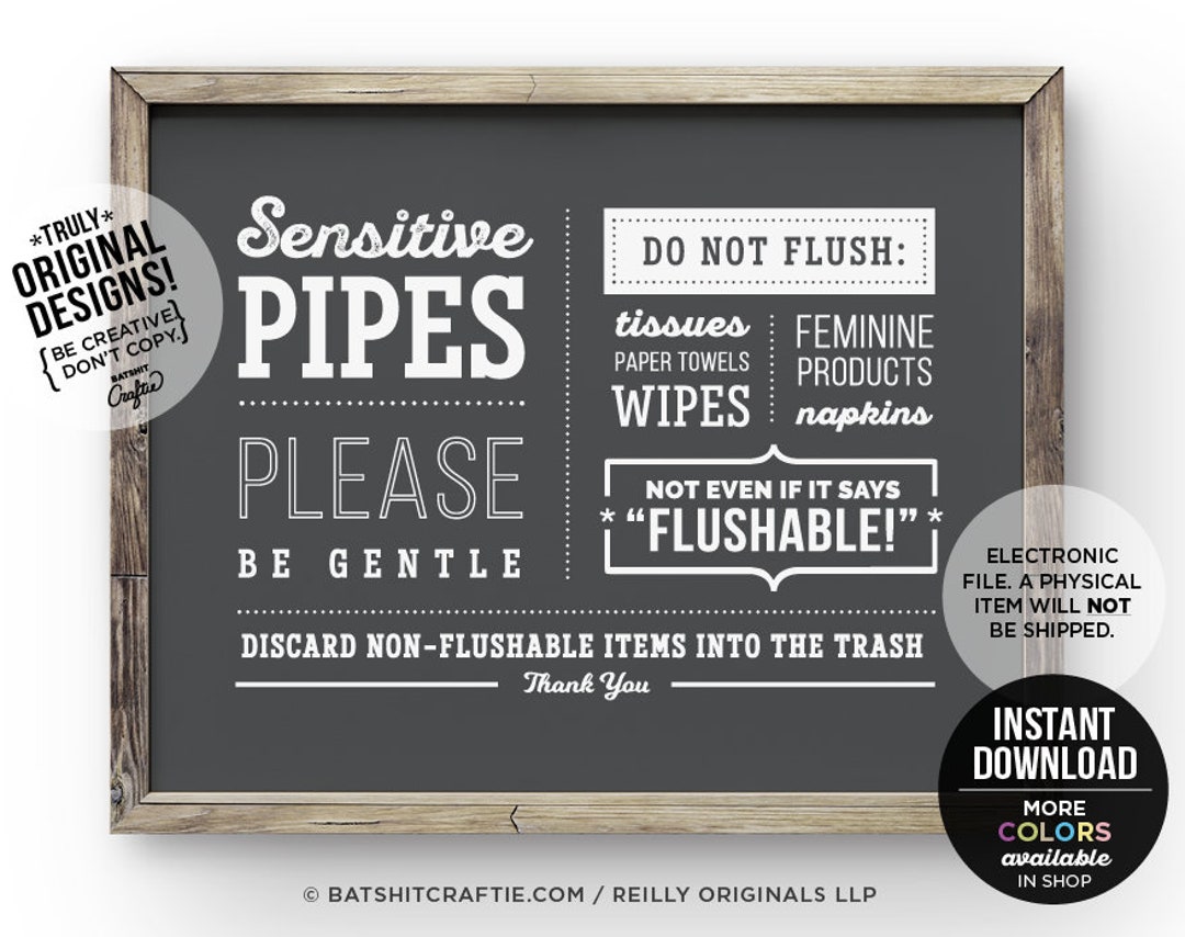 Sensitive Pipes PRINTABLE Bathroom Sign Septic System Plumbing Flush ...