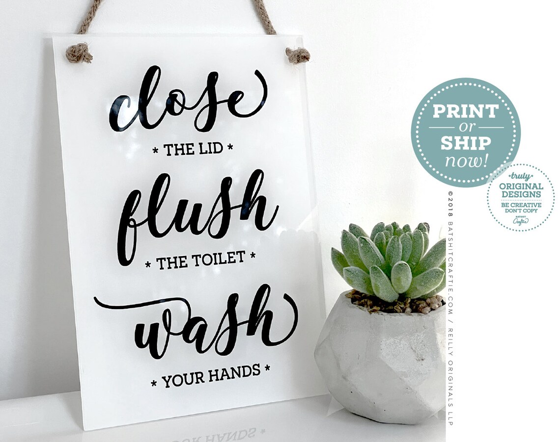 Cute Bathroom Sign Close Lid Flush Toilet Wash Hands Ready - Etsy