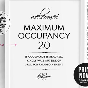 Maximum Occupancy PRINTABLE SIGN ~ Fill in ~ Modern Simple Poster for ...