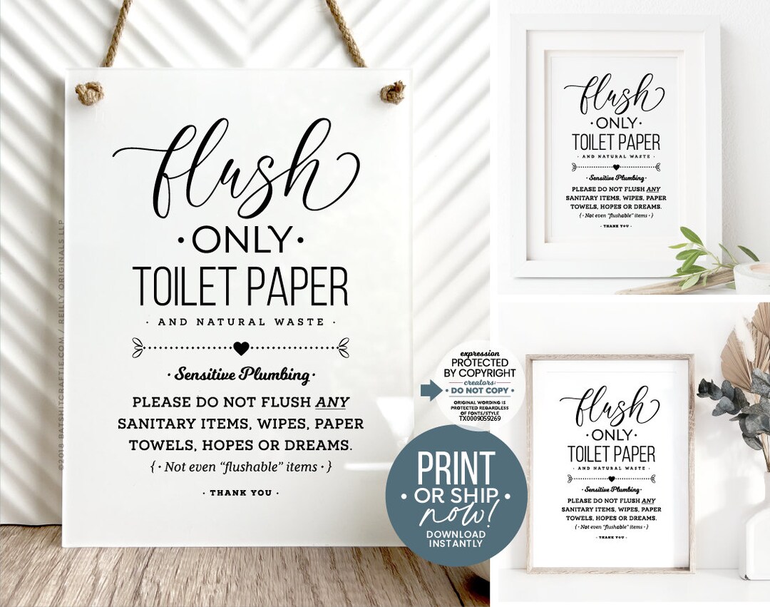 Cute Flush Only Toilet Paper & Natural Waste Bathroom Sign ~ Print or ...