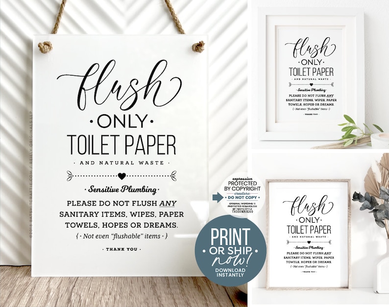 Cute Flush Only Toilet Paper & Natural Waste Bathroom Sign ~ Print or ...