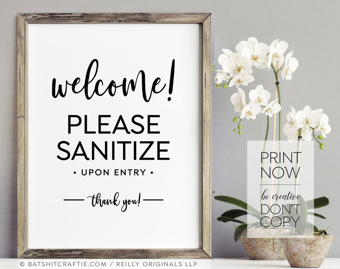 Welcome Please Sanitize Upon Entry PRINTABLE Sign ~ Cute Script Poster ...