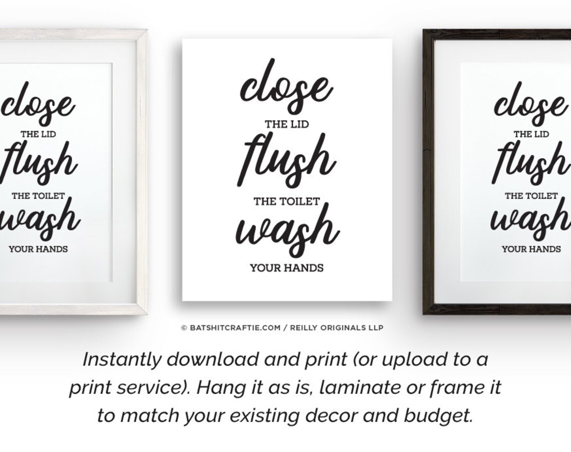 Cute Bathroom Sign Printable Decor Close Lid Flush Toilet Wash Your ...