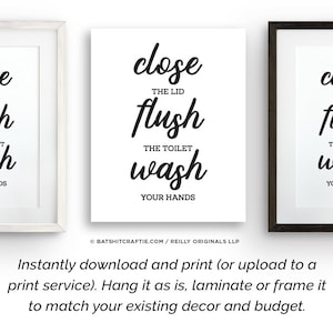 Cute Bathroom Sign Printable Decor Close Lid Flush Toilet Wash Your ...