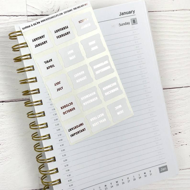 Tab Stickers Sheet of 15 White Foiled Medium Monthly Tab - Etsy