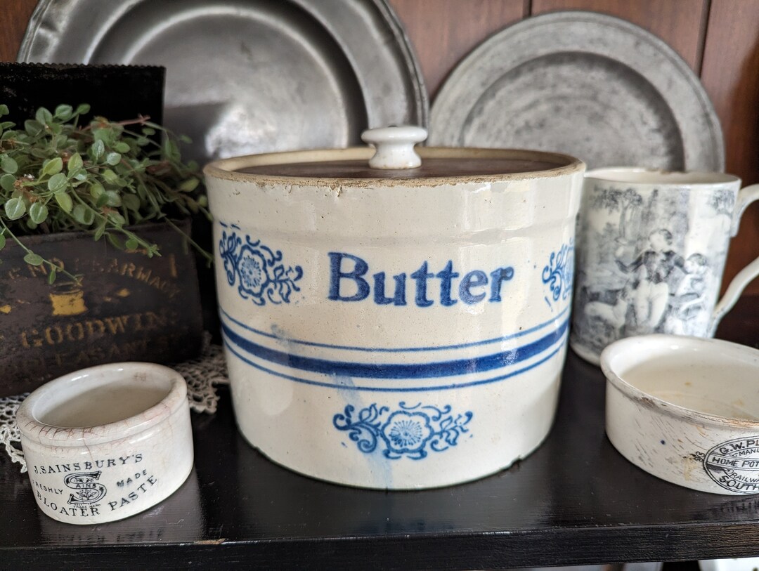 Antique Stoneware Butter Crock With Blue Stripes and Decoration - Etsy