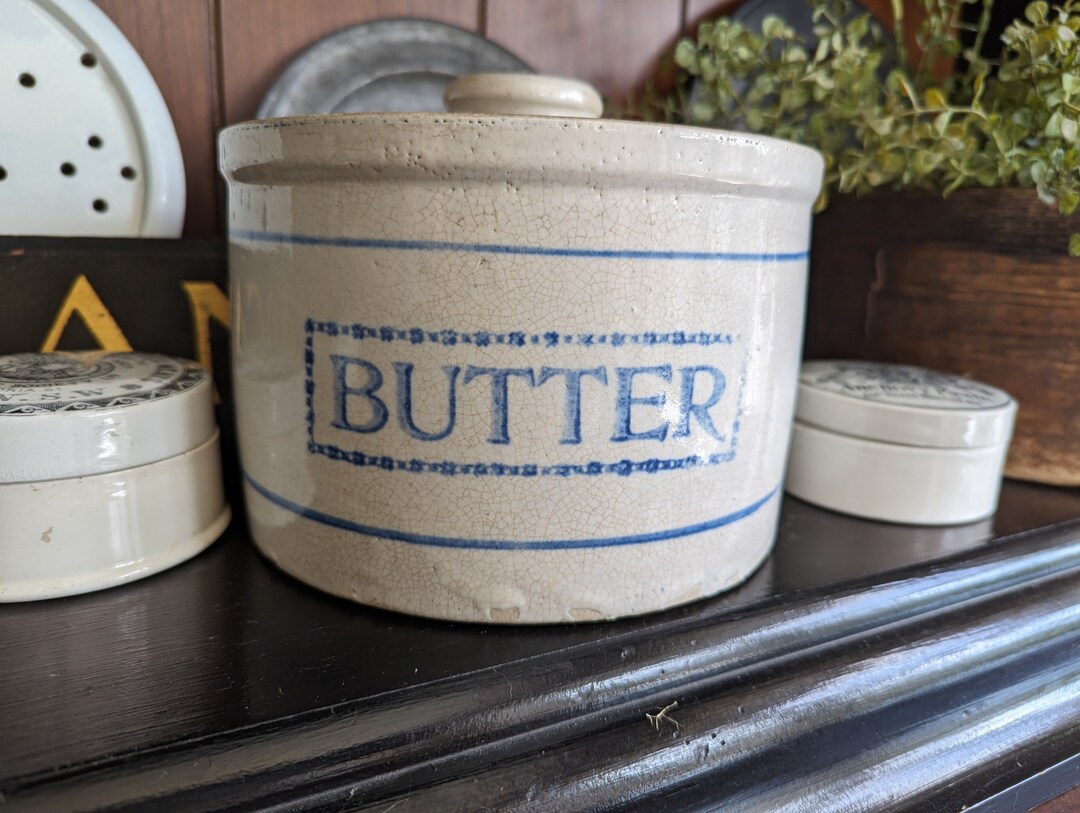 Antique Stoneware Butter Crock With Blue Stripes and Original Lid - Etsy